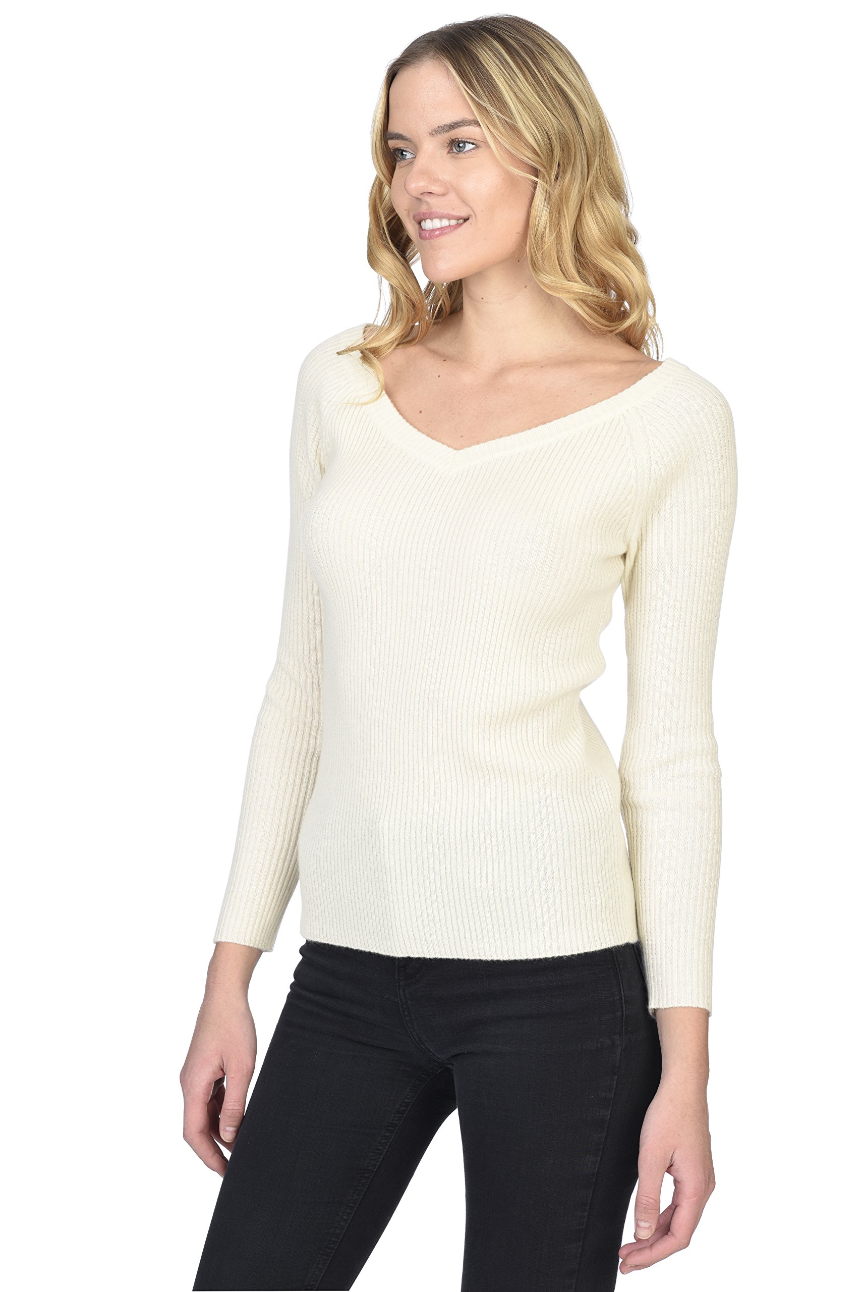 State Cashmere Women’s Easy V-Neck Ribbed Sweater 100% Pure Cashmere 3/4 Sleeve Pullover (Undyed White, Large)