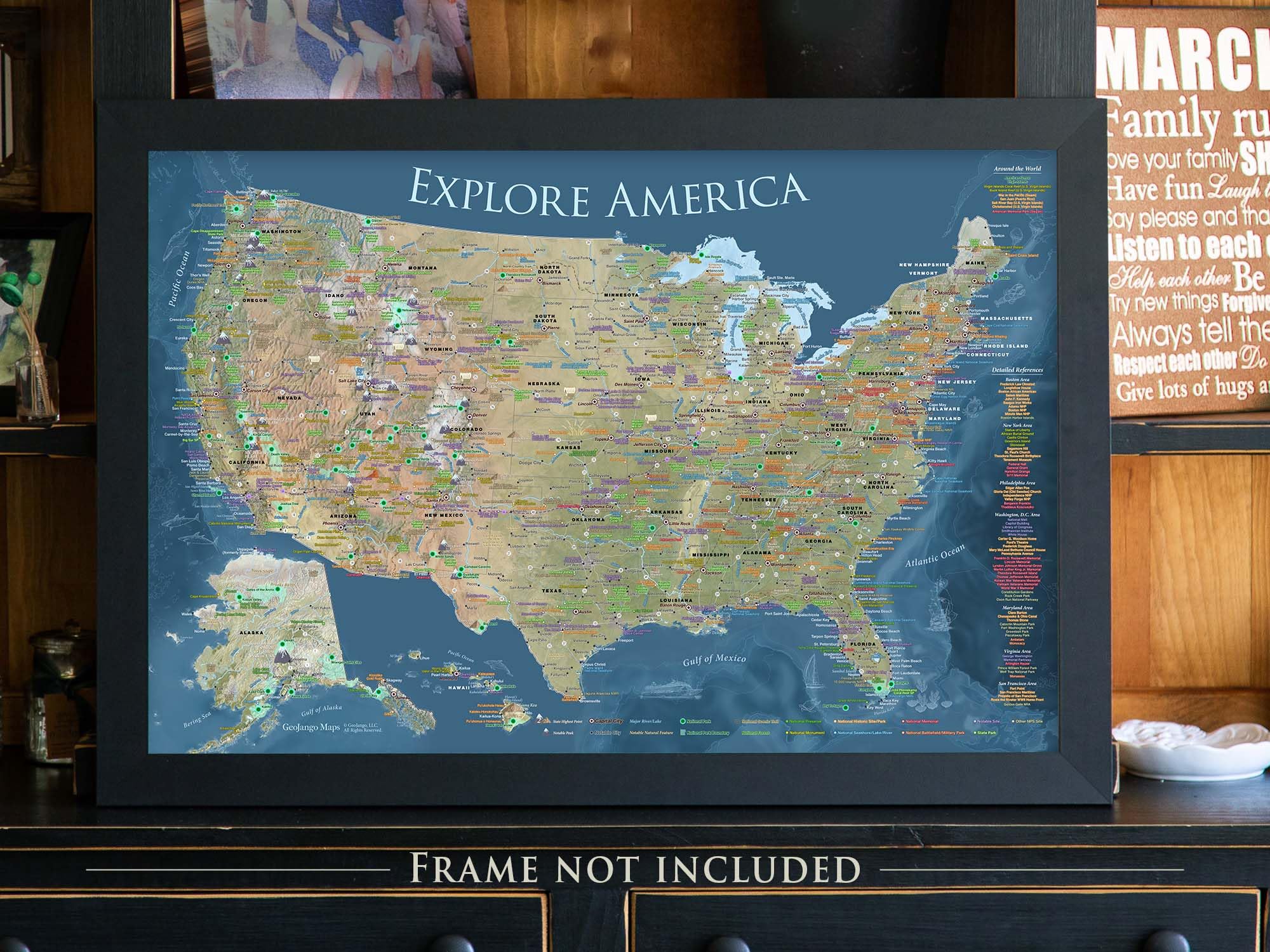 National Parks Poster Map with terrain and USA Interstates, All NPS Sites, Landmarks, Highest Peak by State Poster - 24x18 inch Map - Explore America - Voyager Edition