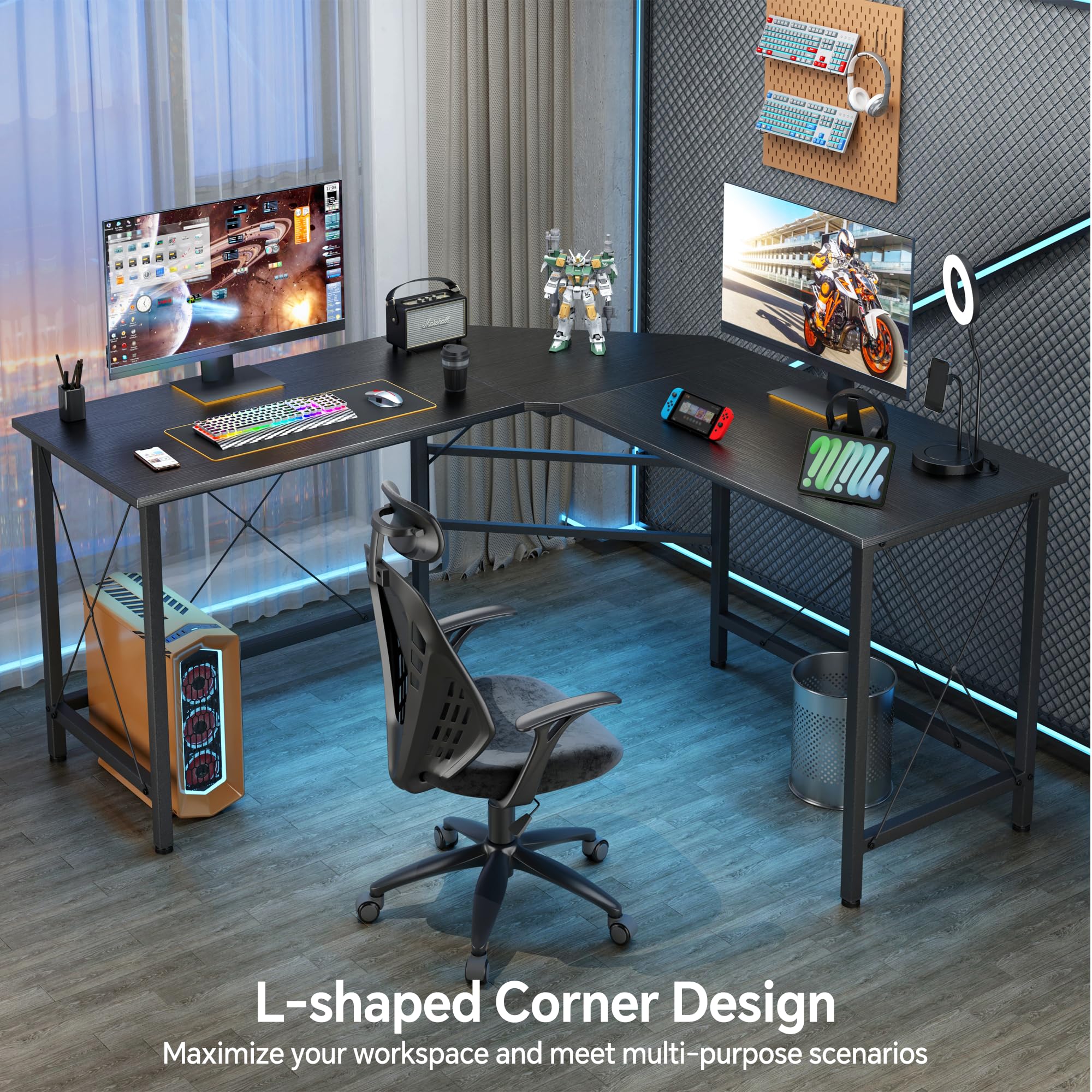 Mr IRONSTONE L Shaped Desk, 59" Computer Gaming Desk, Corner Desk for Home Office Desks, Easy to Assemble & Space-Saving Workstation Desk - Black