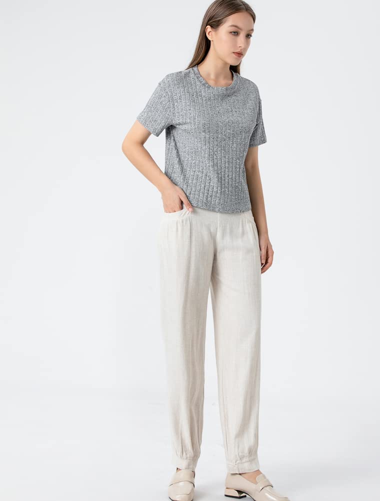 Minibee Women's New Cotton Linen Tapered Cropped Pants Elastic Waist Trousers Beige-XL