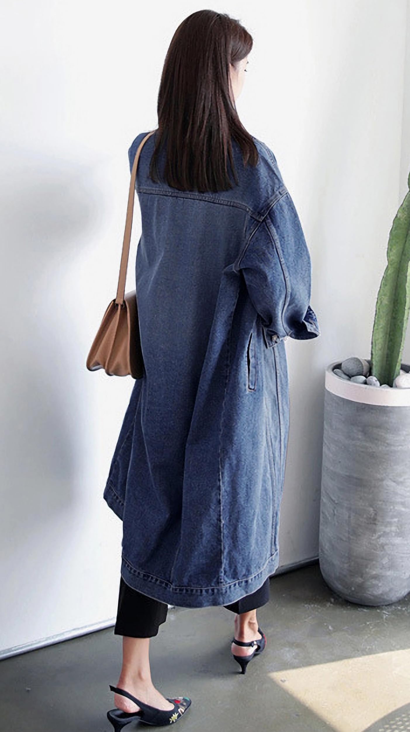 Jofemuho Womens Classic Jean Jacket Plus Size Loose Long Sleeve Button Down Denim Trench Coat Blue XL
