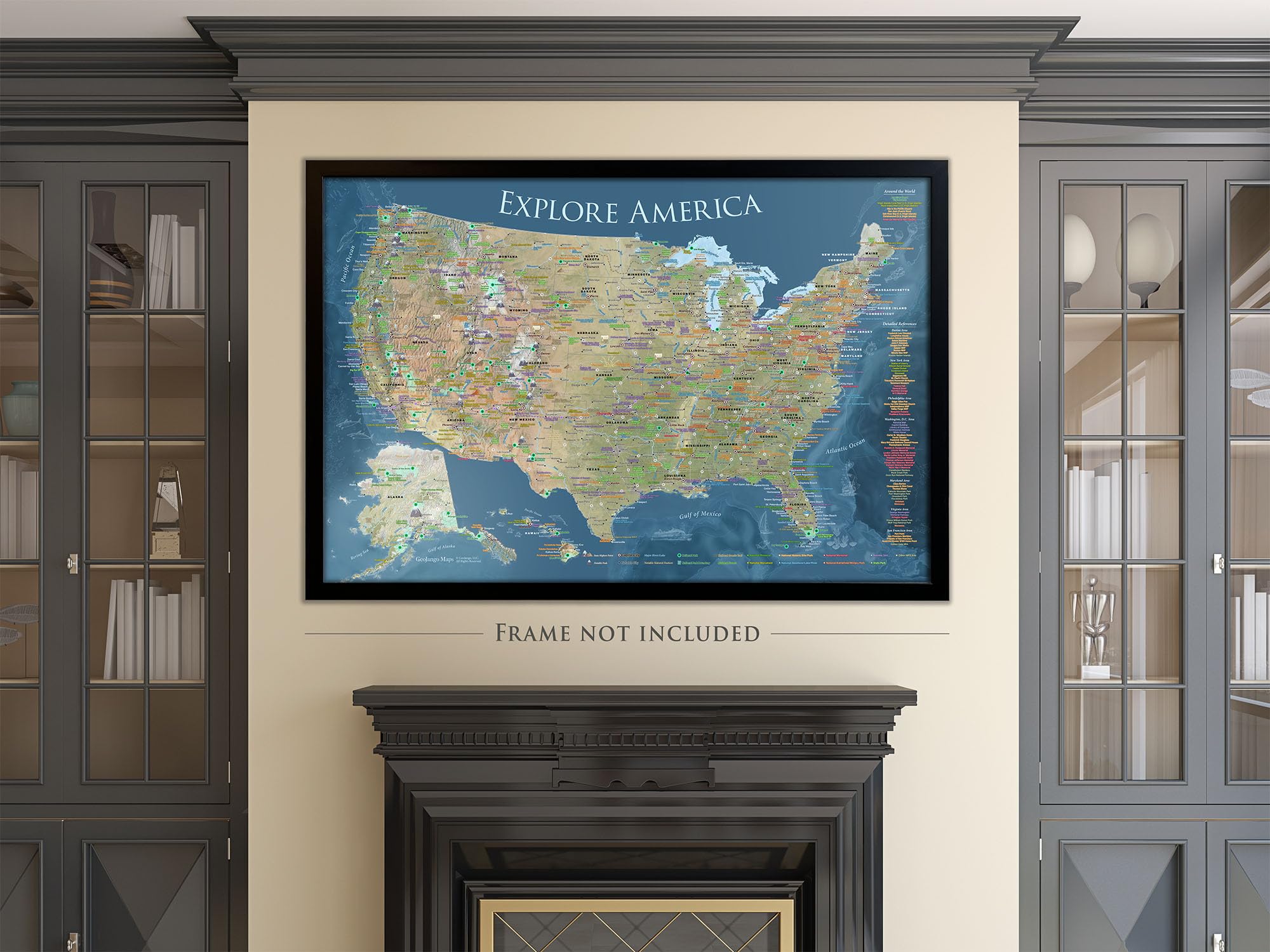 National Parks Poster Map with terrain and USA Interstates, All NPS Sites, Landmarks, Highest Peak by State Poster - 24x18 inch Map - Explore America - Voyager Edition