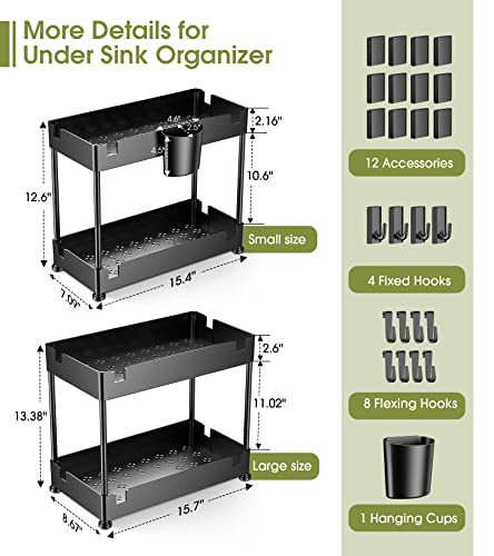 2 Pack Under Sink Organizer, 2 Tier Under Sink Organizers and Storage Bathroom Organizer Countertop, Under Sink Storage Under Cabinet Organizer for Bathroom Kitchen Countertop and Cabinet