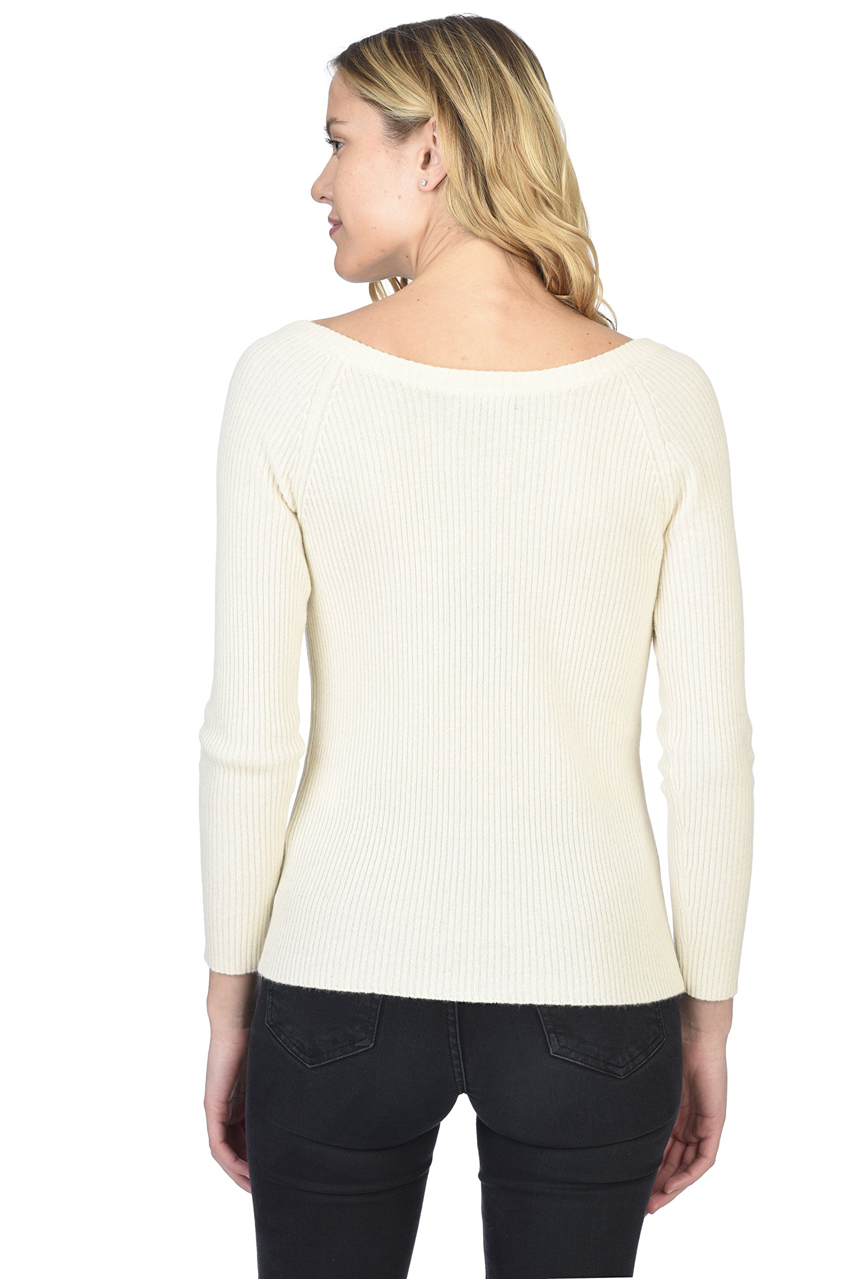 State Cashmere Women’s Easy V-Neck Ribbed Sweater 100% Pure Cashmere 3/4 Sleeve Pullover (Undyed White, Large)