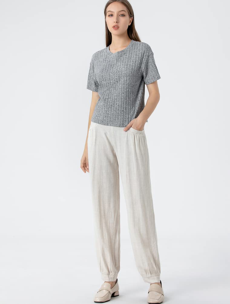 Minibee Women's New Cotton Linen Tapered Cropped Pants Elastic Waist Trousers Beige-XL