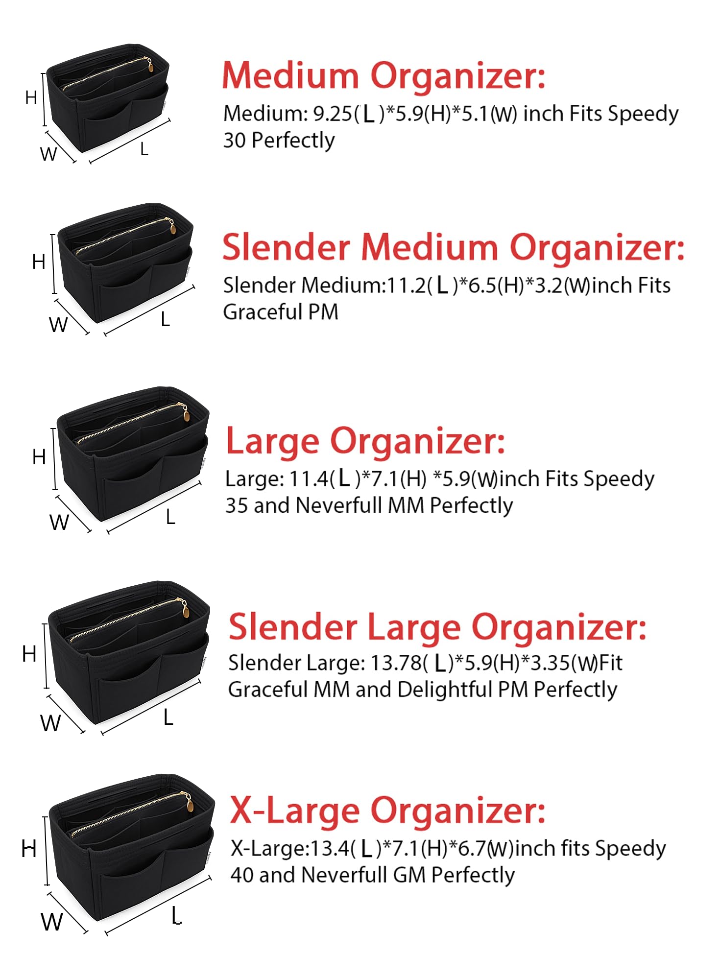 LEXSION Felt Purse Bag Organizer Insert with zipper Bag Tote Shaper Fit Speedy Neverful PM MM 8021 Black M