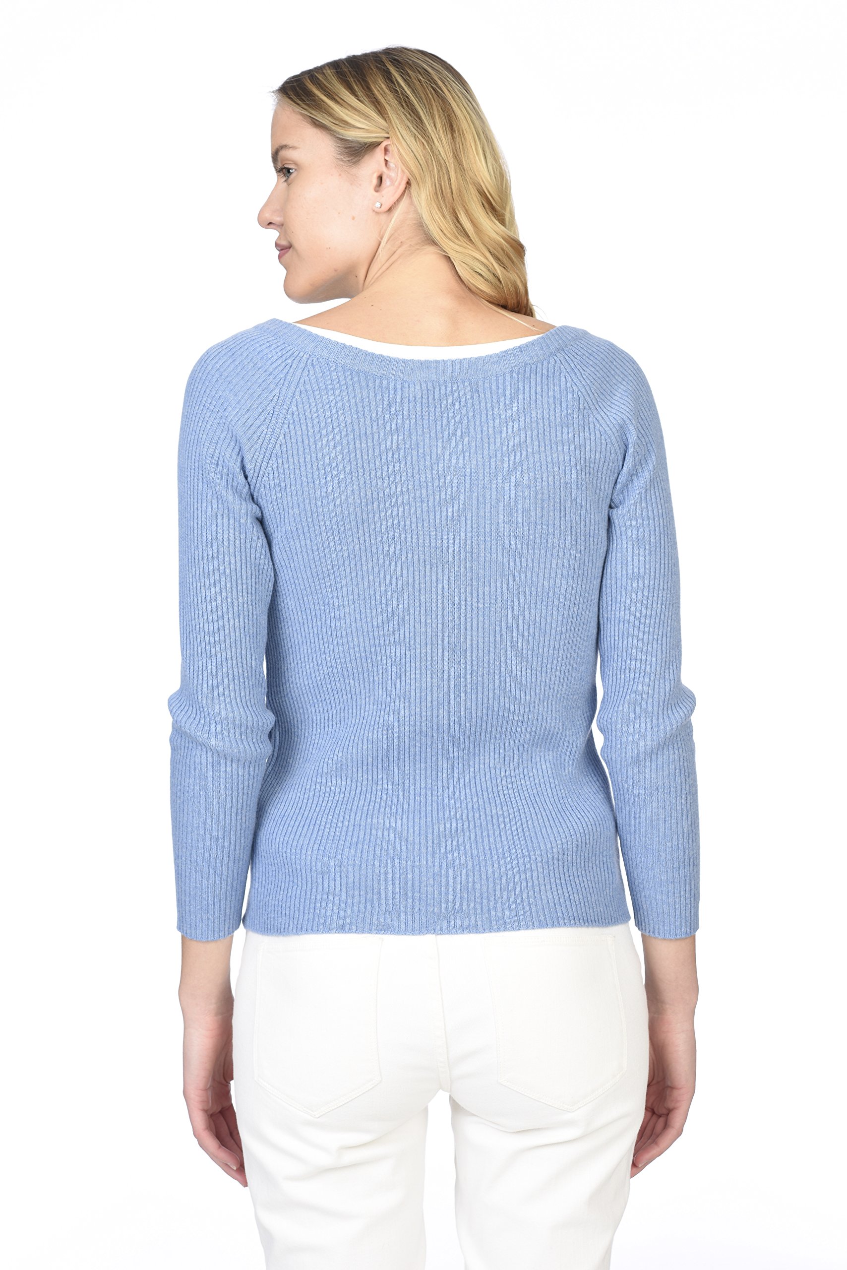State Cashmere Women’s Easy V-Neck Ribbed Sweater 100% Pure Cashmere 3/4 Sleeve Pullover (Bella Blue, Large)
