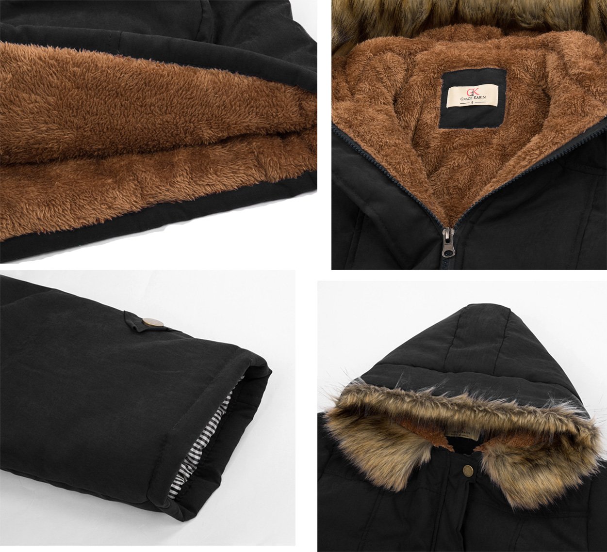 GRACE KARIN Womens Military Hooded Thicken Fleece Parkas Anroaks Coats S Black