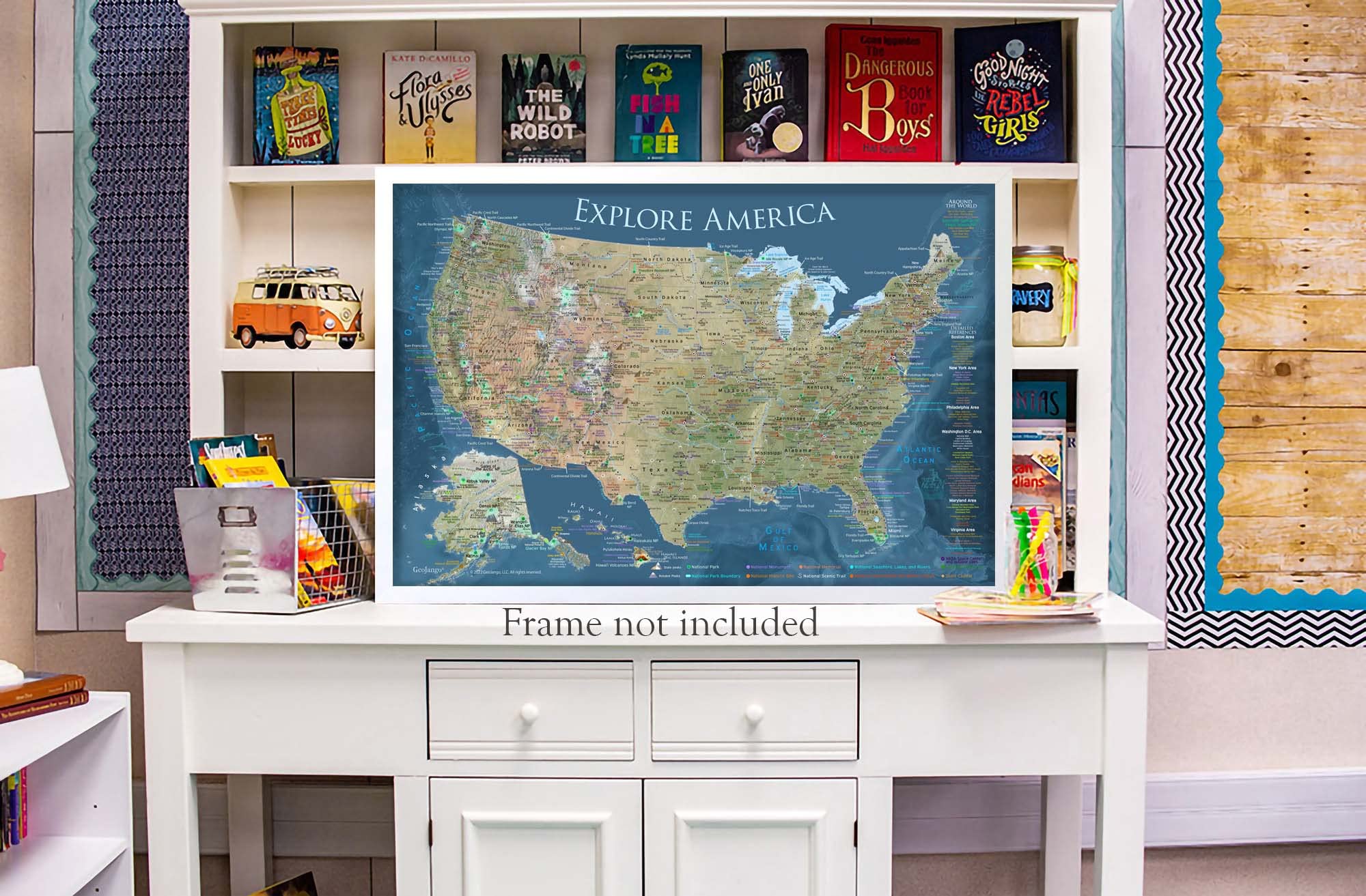 National Parks Poster Map with terrain and USA Interstates, All NPS Sites, Landmarks, Highest Peak by State Poster - 24x18 inch Map - Explore America - Voyager Edition