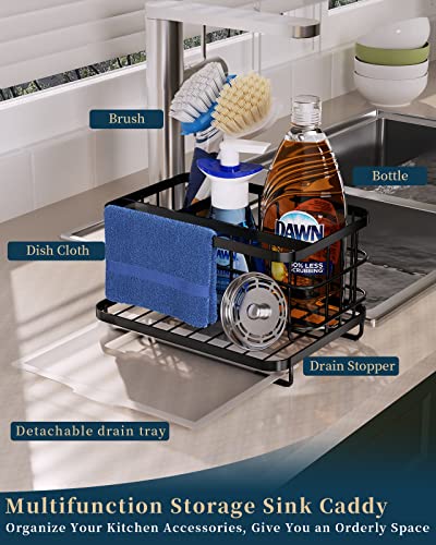Consumest Sponge Holder Kitchen Sink Caddy Organizer, kitchen sink organizer with Drip Tray for Countertop, SUS304 Stainless Steel Rustproof Soap Sponge and Dish Brush Holder - Black