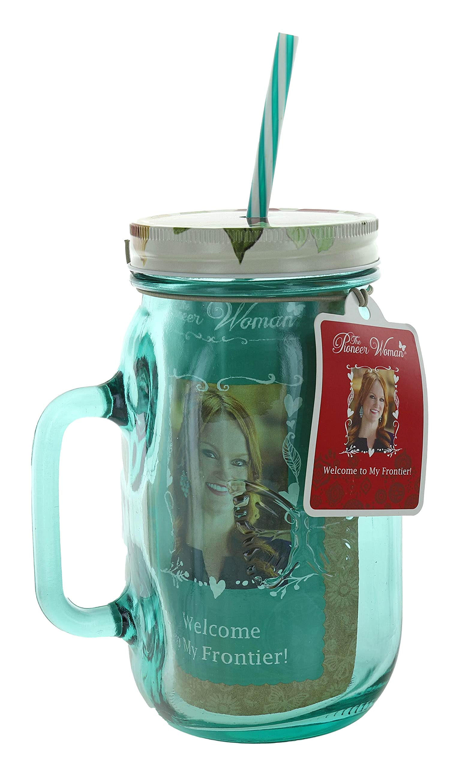 The Pioneer Woman 32 oz. Aqua Glass Mason Jar With Poinsettia Lid & Striped Straw