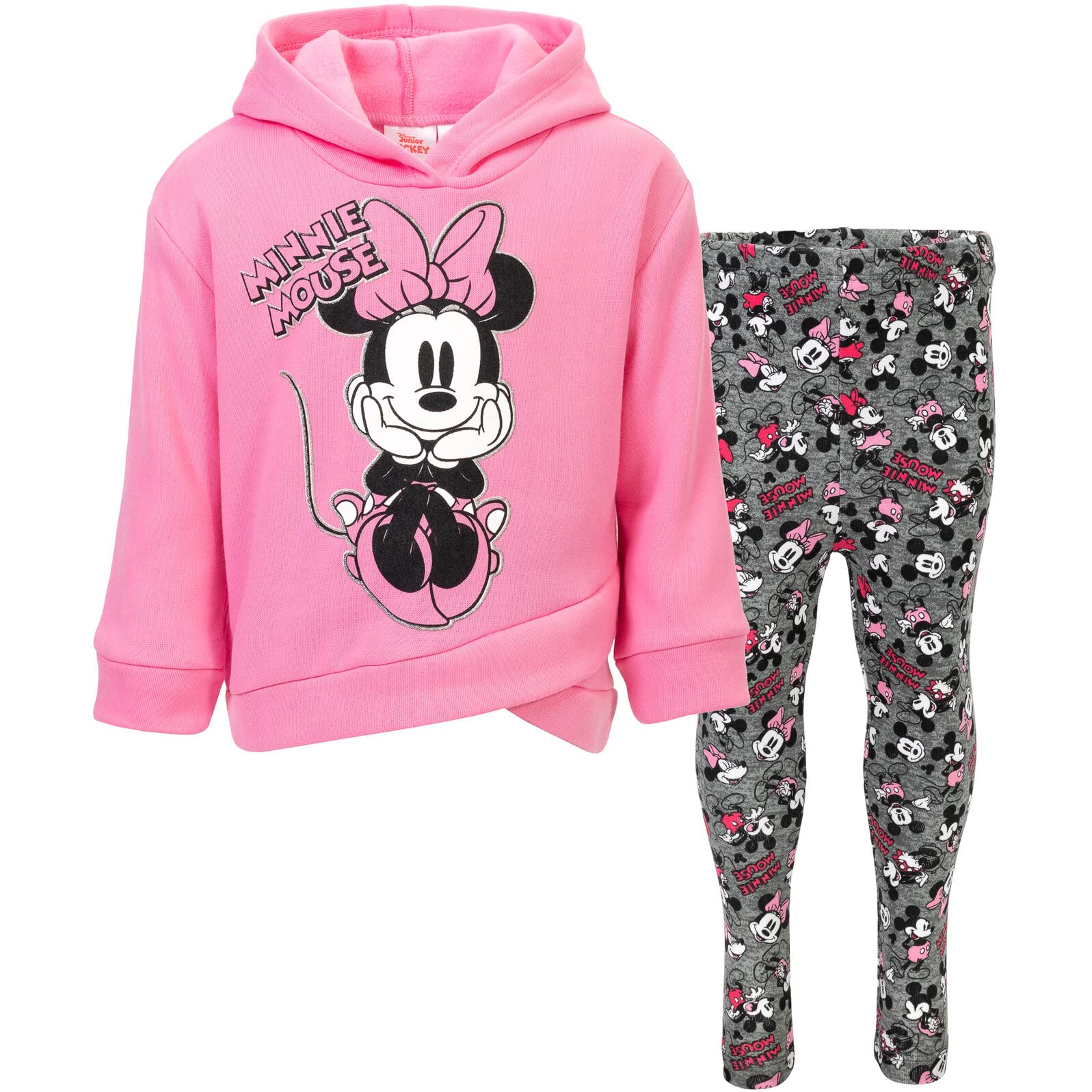 Disney Minnie Mouse Infant Baby Girls Crossover Fleece Hoodie and Leggings Outfit Set Pink Glitter 24 Months