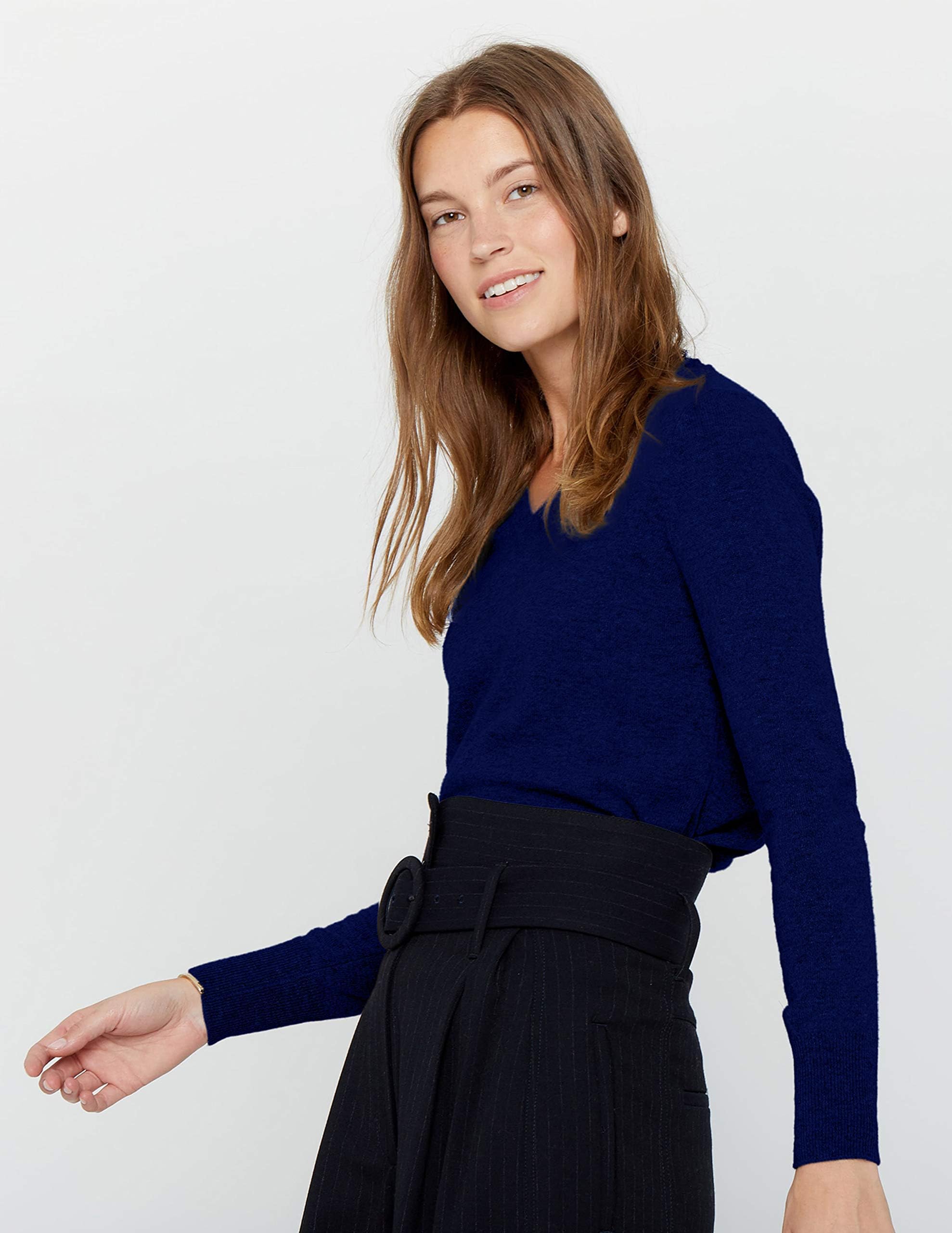 State Cashmere Women’s Essential V-Neck Sweater 100% Pure Cashmere Classic Long Sleeve Pullover (Navy, XX-Large)