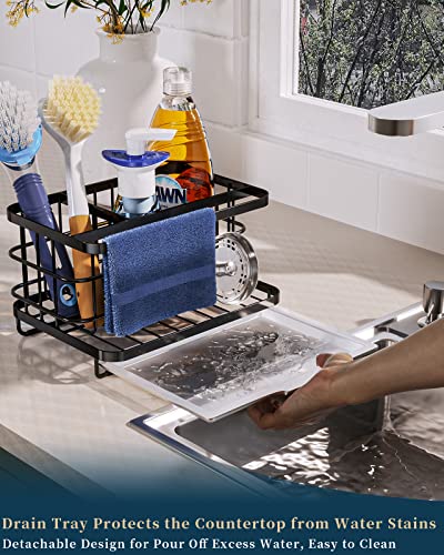 Consumest Sponge Holder Kitchen Sink Caddy Organizer, kitchen sink organizer with Drip Tray for Countertop, SUS304 Stainless Steel Rustproof Soap Sponge and Dish Brush Holder - Black