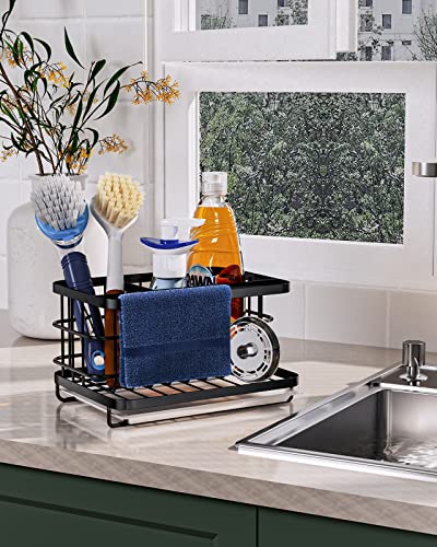 Consumest Sponge Holder Kitchen Sink Caddy Organizer, kitchen sink organizer with Drip Tray for Countertop, SUS304 Stainless Steel Rustproof Soap Sponge and Dish Brush Holder - Black
