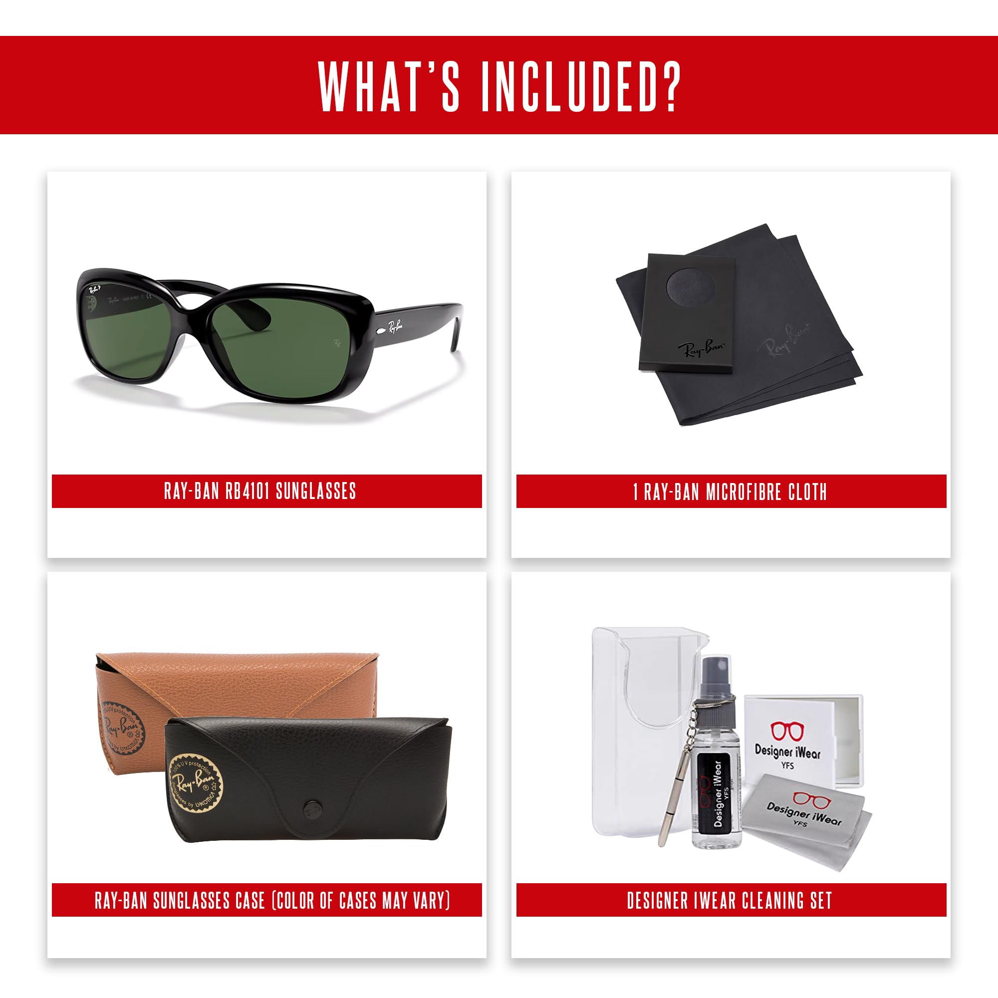 Ray-Ban RB4101 JACKIE OHH 601/58 58M Black/Green Polarized Rectangular Sunglasses For Women + BUNDLE with Designer iWear Care Kit