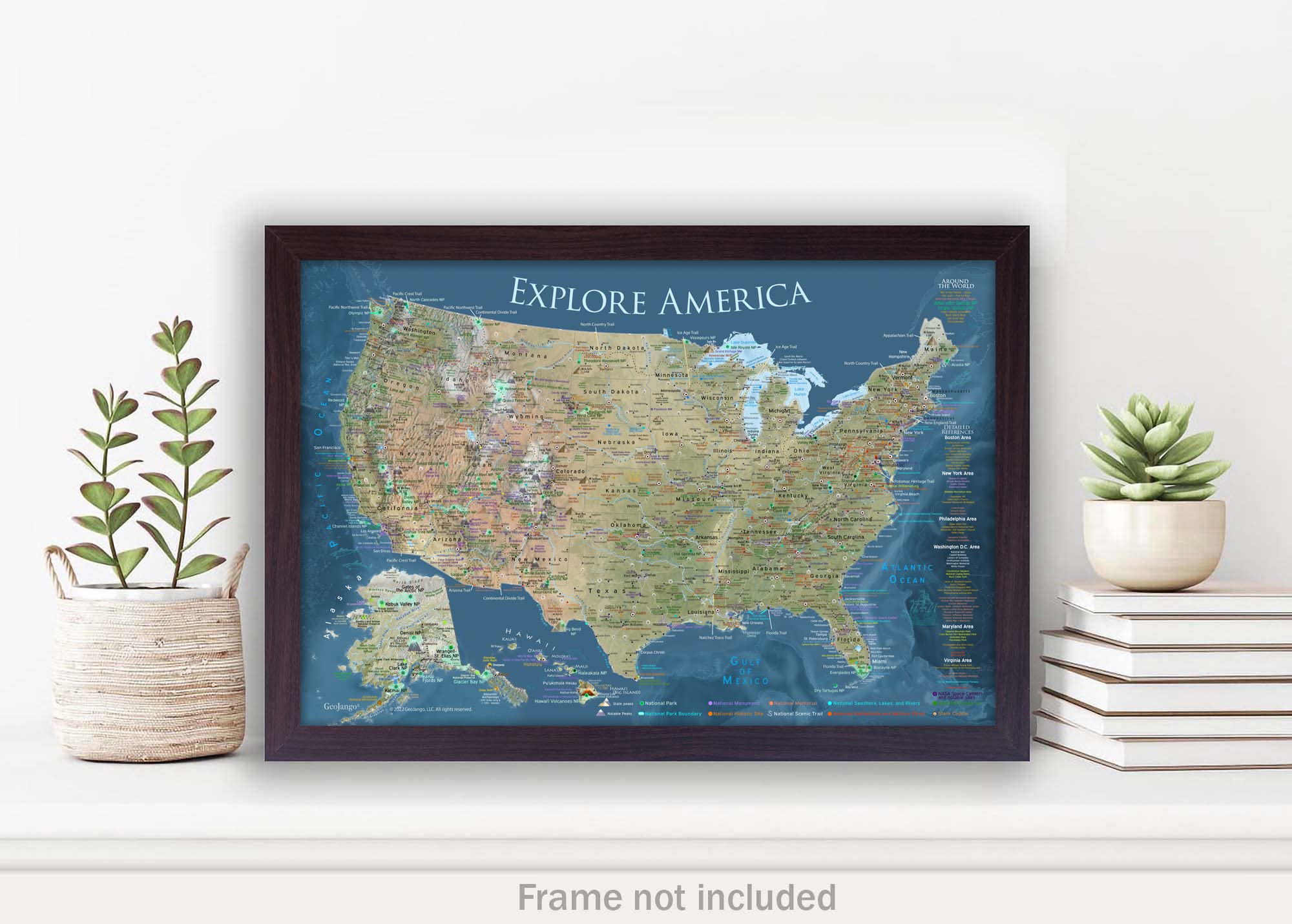 National Parks Poster Map with terrain and USA Interstates, All NPS Sites, Landmarks, Highest Peak by State Poster - 24x18 inch Map - Explore America - Voyager Edition