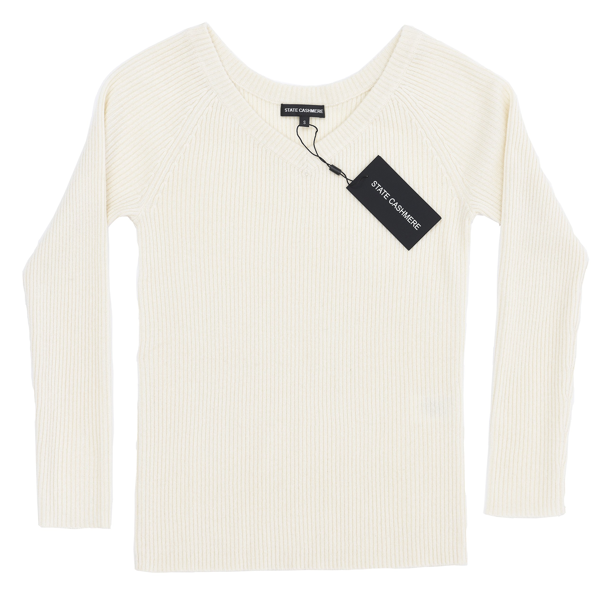 State Cashmere Women’s Easy V-Neck Ribbed Sweater 100% Pure Cashmere 3/4 Sleeve Pullover (Undyed White, Large)