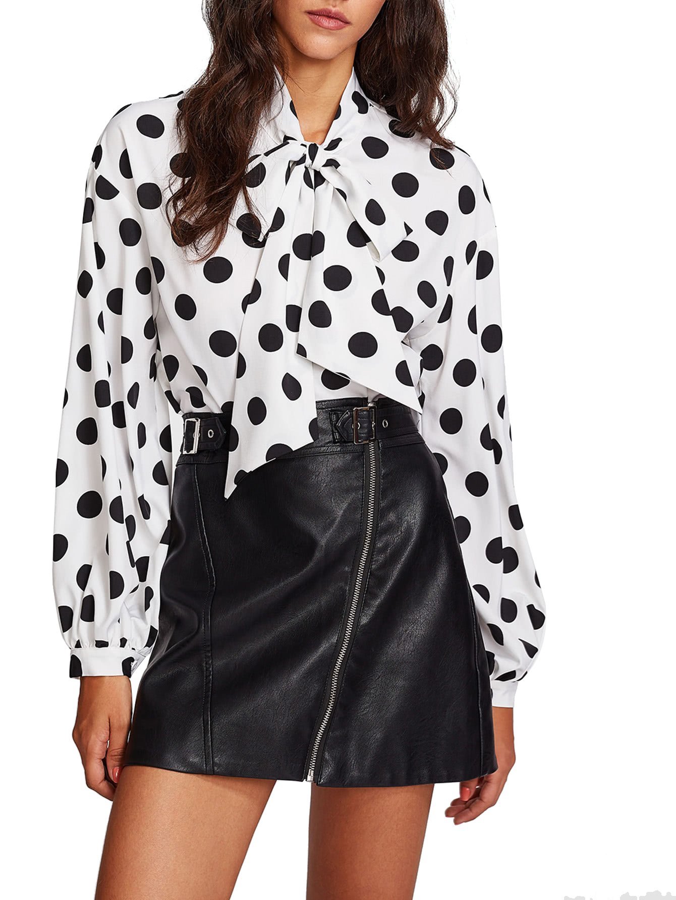Floerns Women's Bow Tied Neck Lantern Long Sleeve Polka Dot Blouse White XL
