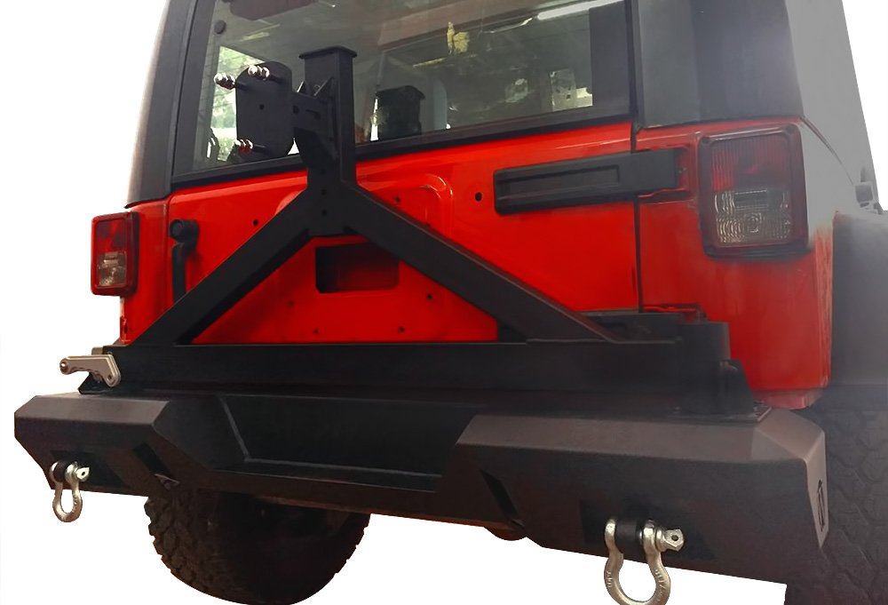 APS Black Textured Rock Crawler Rear Bumper with Tire Carrier & 2X D-Ring for 2007-2018 Wrangler JK