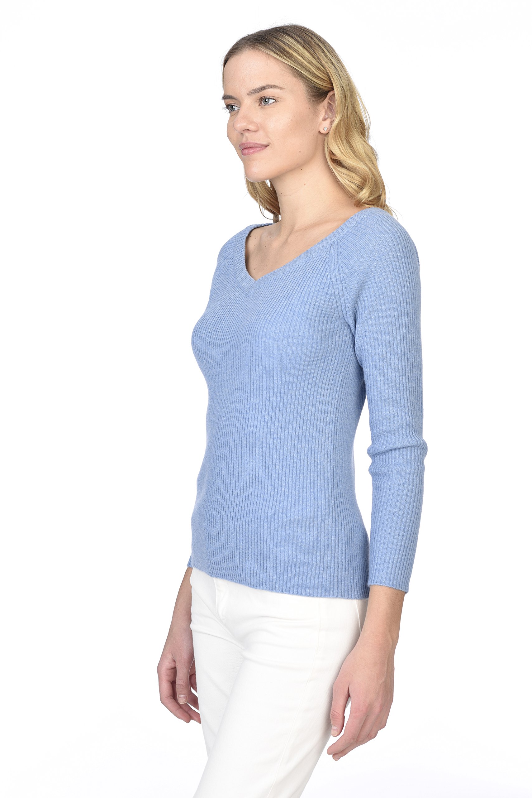 State Cashmere Women’s Easy V-Neck Ribbed Sweater 100% Pure Cashmere 3/4 Sleeve Pullover (Bella Blue, Large)