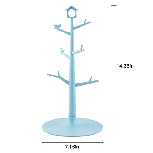 World Backyard 6 Mugs Holder Tree Cups Hanging Stand (Blue with Bird & House Sign)