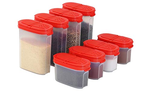 Clear Plastic Empty Spice Container Spice Jars with Lid – Kitchen Bottle Dispenser Store Spice,Herb,Rub,Sugar,Salt,Pepper 2 Way Lids Sift/Pour Shaker–Refillable Airtight Jar Red Cap 8 pk.4 mini 4 big