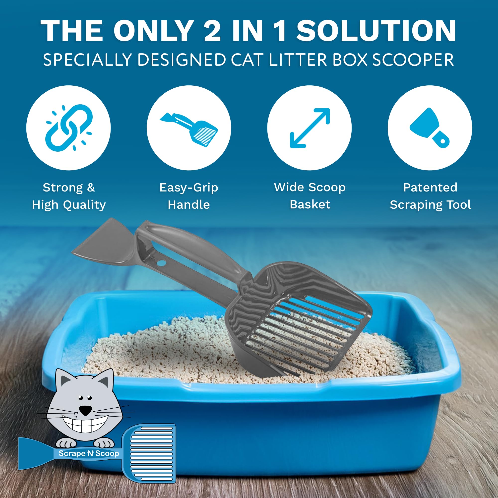 SCRAPE 'N' SCOOP Cat Litter Clump Remover with Sifter β Litter Box Scooper & Scraper 2 in 1 for Litter Tray, Potty, & Litter Pan - Animal Waste Cleaner Tool - Pet Accessories & Supplies - Grey