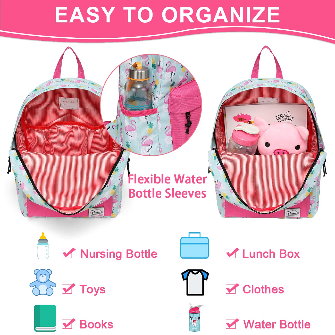 VASCHY Kids Backpack for Little Girls, Preschool Backpacks for Toddler with Chest Strap Cute Pineapple Flamingos