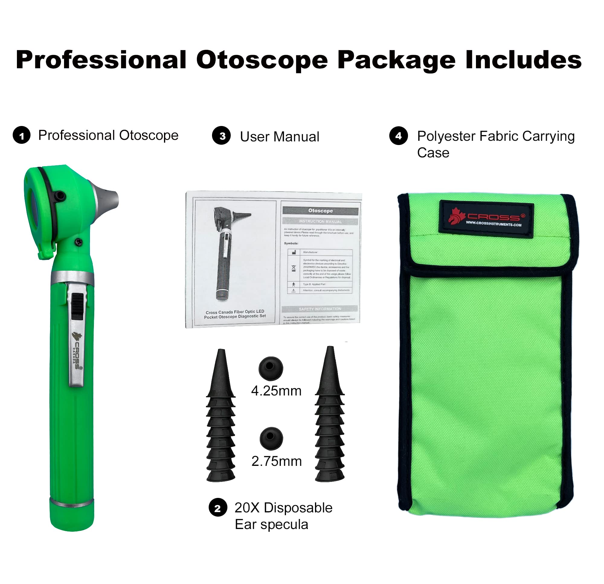 Cross Canada 11-084 Physician Fiber Optic LED Pocket Otoscope Diagnostic Set - Green