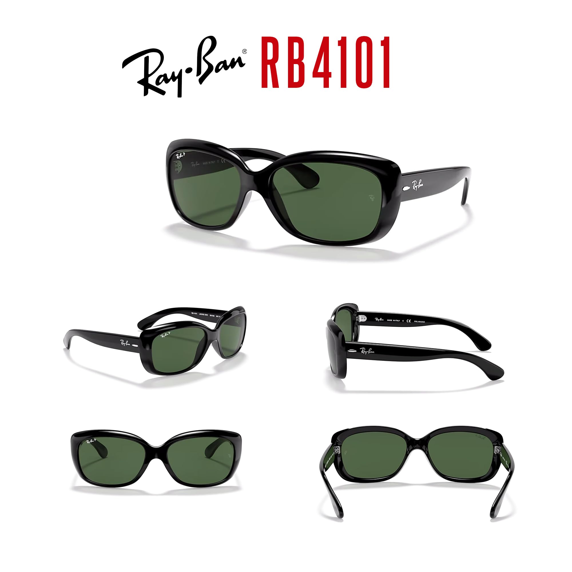 Ray-Ban RB4101 JACKIE OHH 601/58 58M Black/Green Polarized Rectangular Sunglasses For Women + BUNDLE with Designer iWear Care Kit