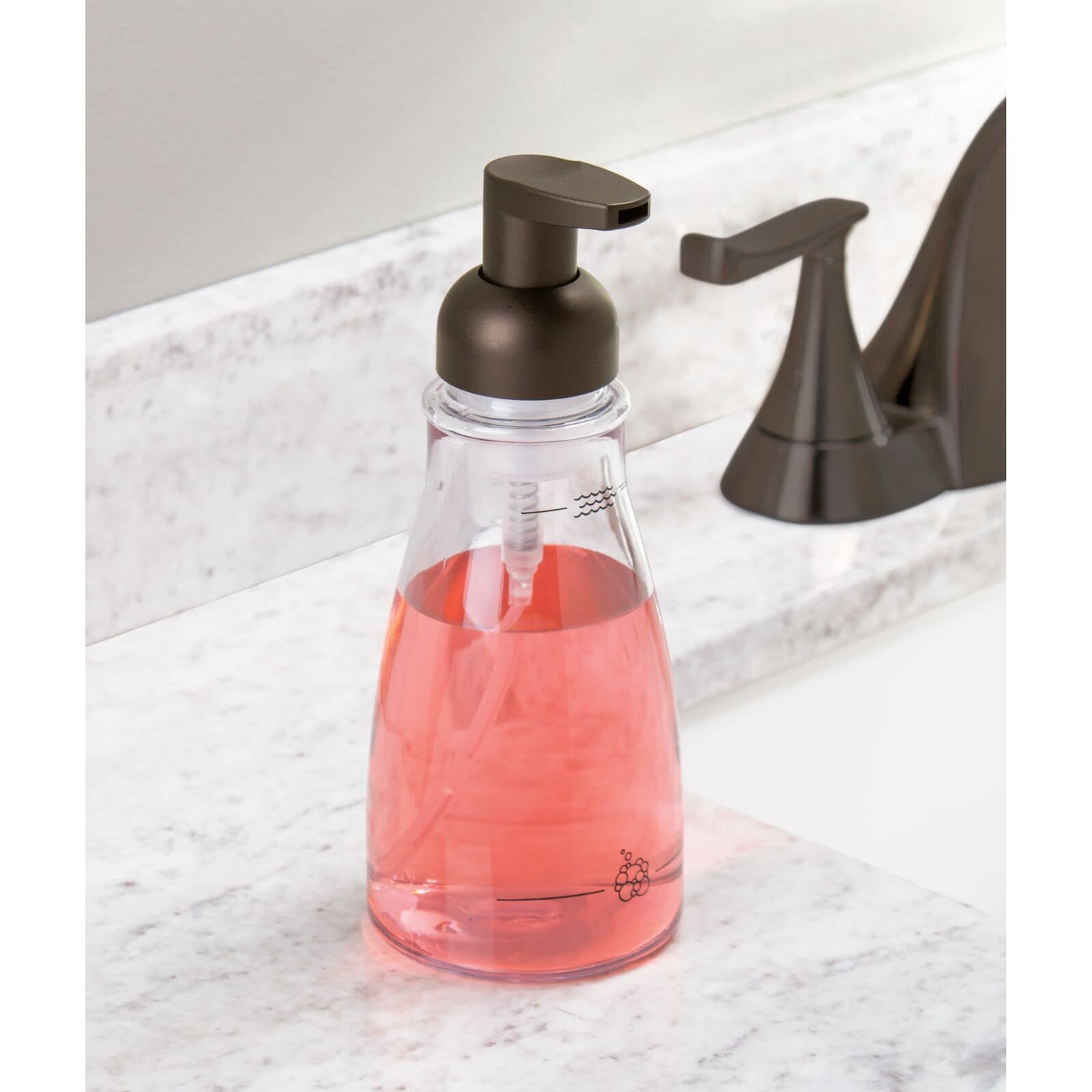 mDesign Round Plastic Refillable Foaming Hand Soap Dispenser Pump Bottle for Bathroom Vanities, Kitchen Sink, Countertops - 2 Pack - Clear/Bronze