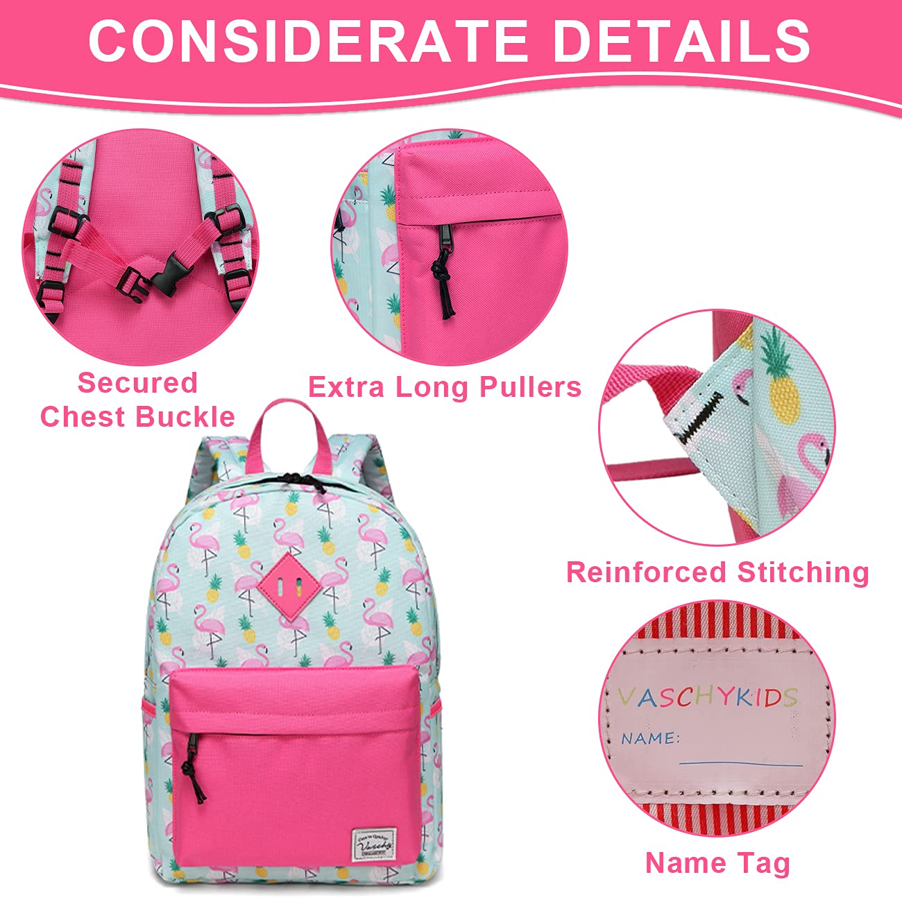 VASCHY Kids Backpack for Little Girls, Preschool Backpacks for Toddler with Chest Strap Cute Pineapple Flamingos