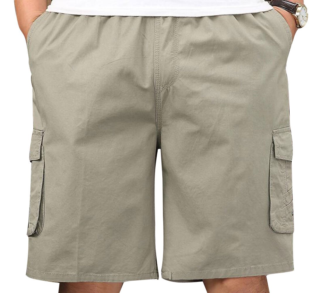 YangguTown Men's Cotton Lightweight Loose Fit Cargo Shorts Full Twill Elastic Waist Drawstring Shorts Khaki 36