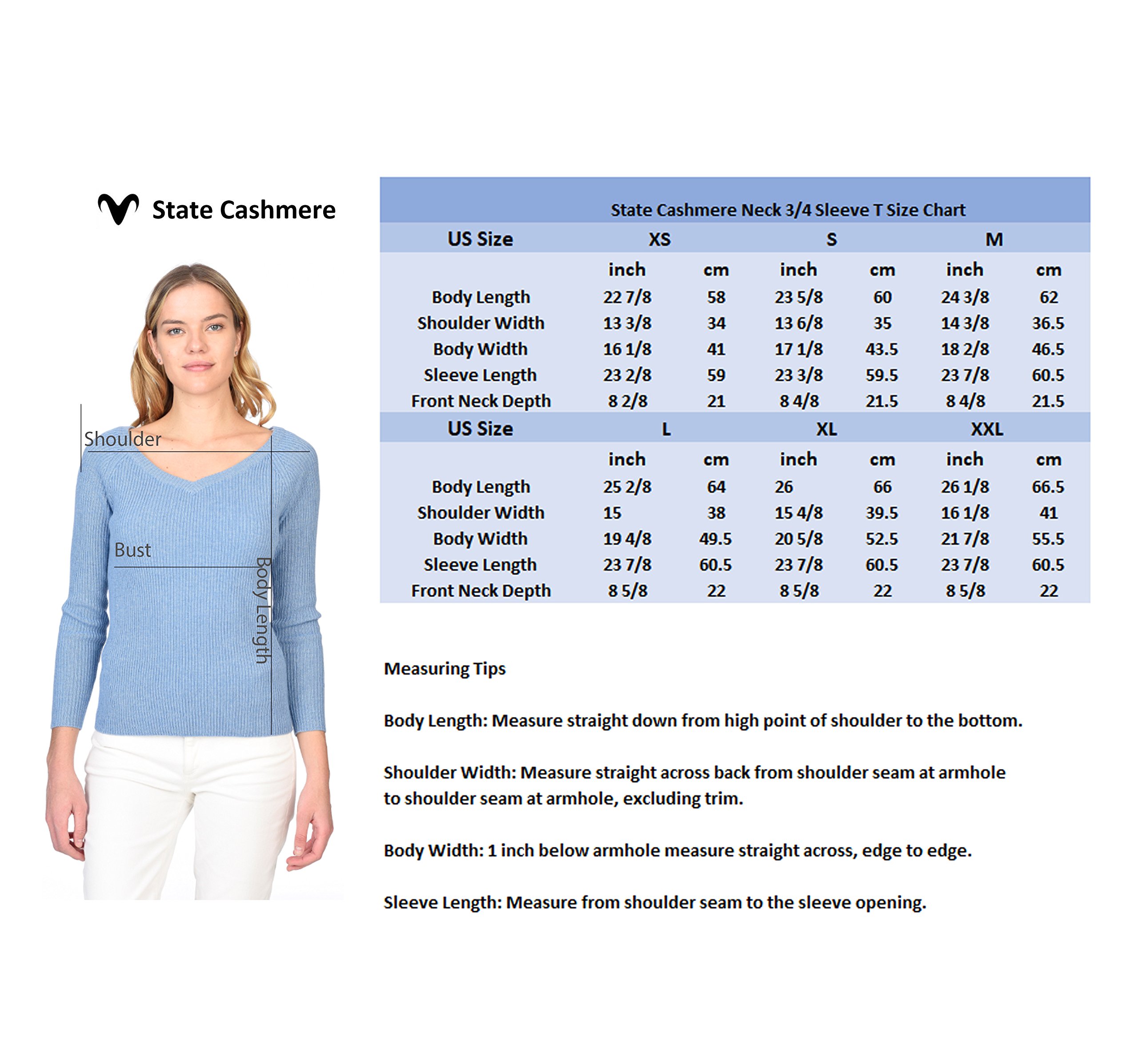 State Cashmere Women’s Easy V-Neck Ribbed Sweater 100% Pure Cashmere 3/4 Sleeve Pullover (Undyed White, Large)