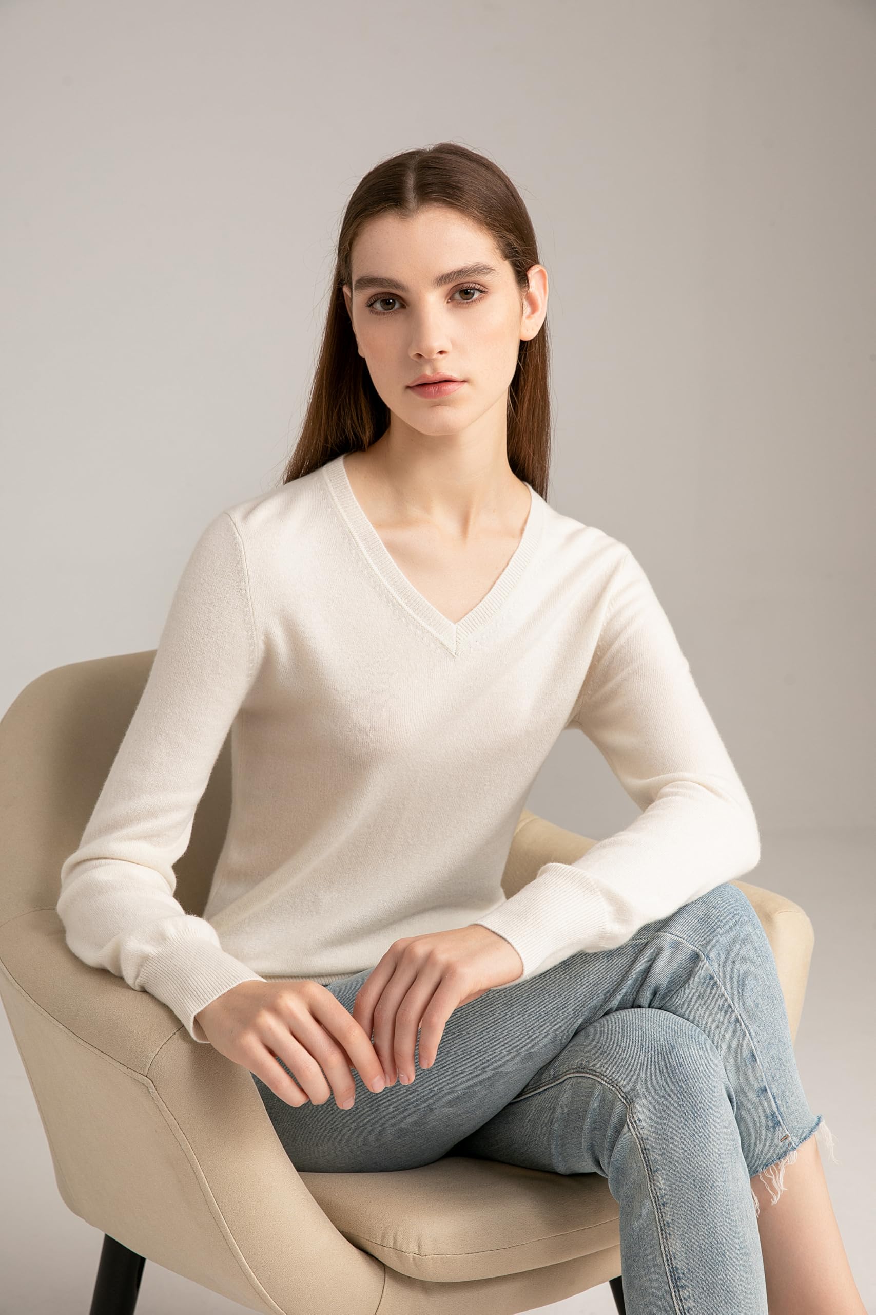 State Cashmere Women’s Essential V-Neck Sweater 100% Pure Cashmere Classic Long Sleeve Pullover (Undyed White, Large)