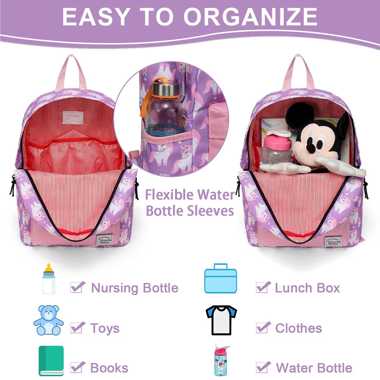 VASCHY Backpack for Little Girls, Preschool Backpacks for kindergarten with Chest Strap Pink Unicorn