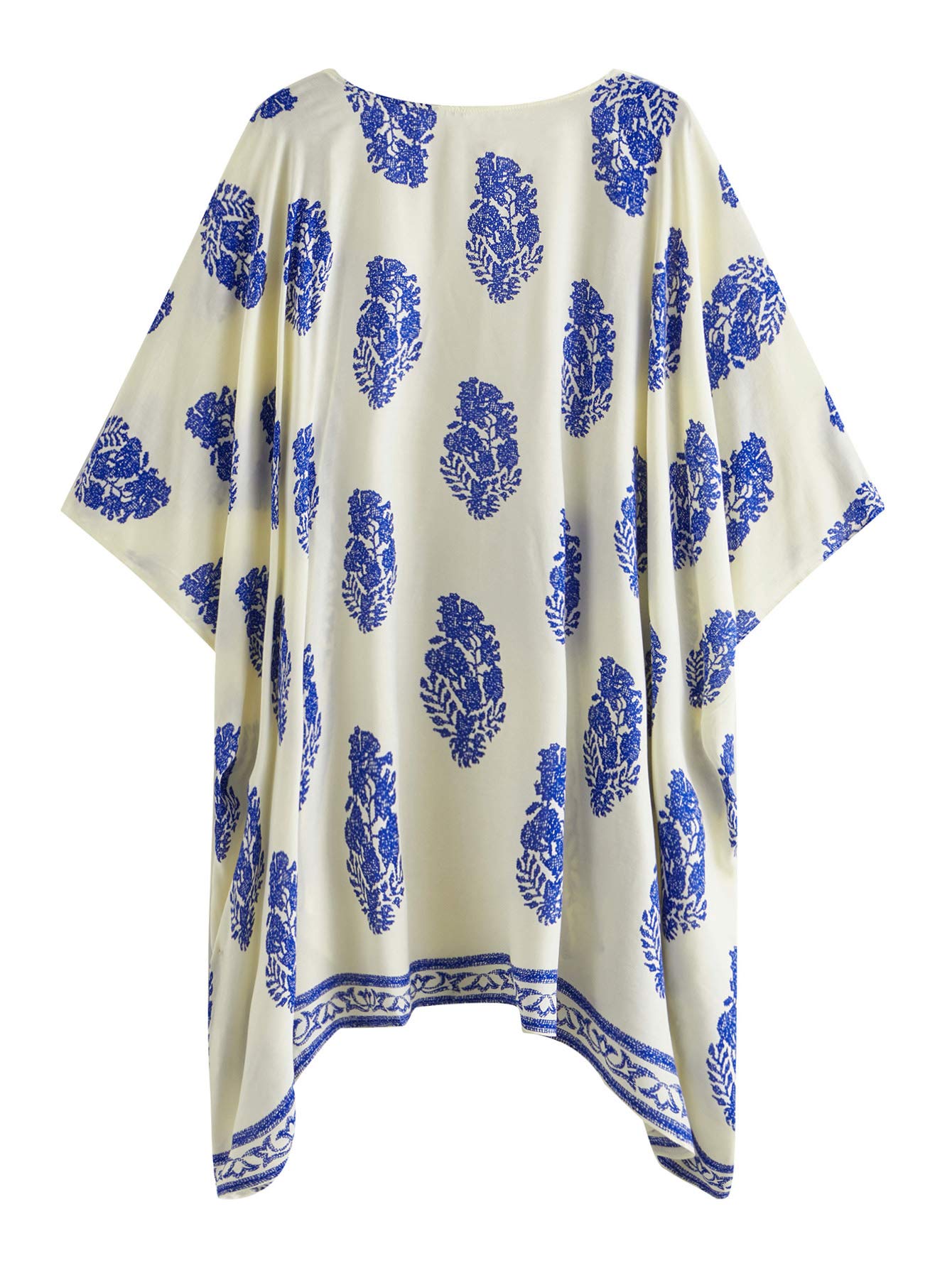 SweatyRocks Women Kimono Vintage Floral Beach Cover Up Blue White X-Large