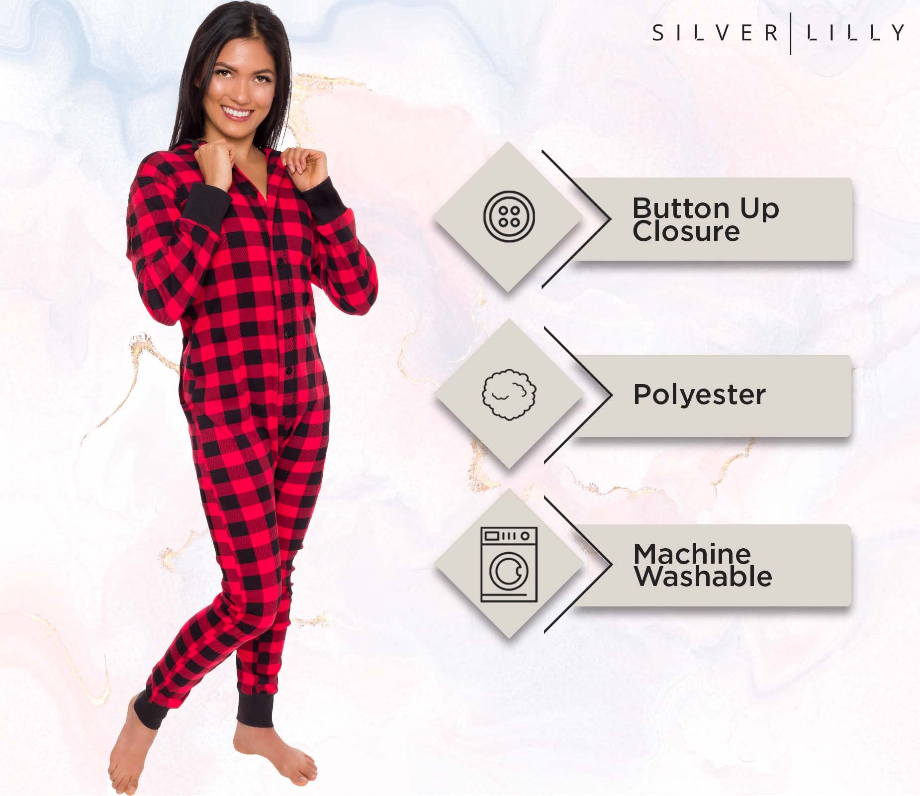 Silver Lilly Women's Buffalo Plaid Flapjack Pajamas - Winter One Piece PJs - Soft, Comfy Holiday Jumpsuit (Red/Black, Small)