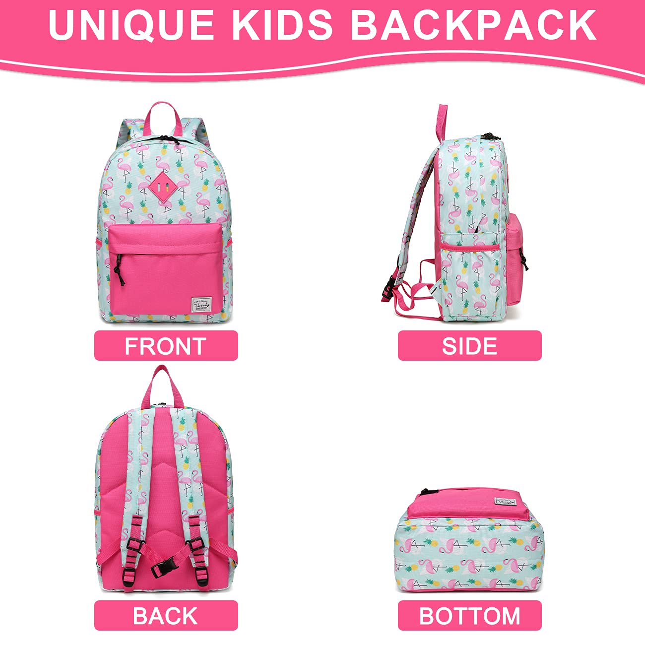 VASCHY Kids Backpack for Little Girls, Preschool Backpacks for Toddler with Chest Strap Cute Pineapple Flamingos
