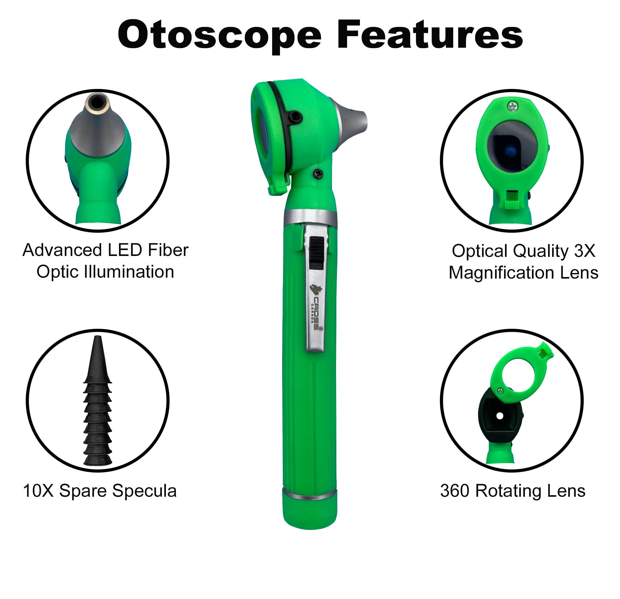 Cross Canada 11-084 Physician Fiber Optic LED Pocket Otoscope Diagnostic Set - Green