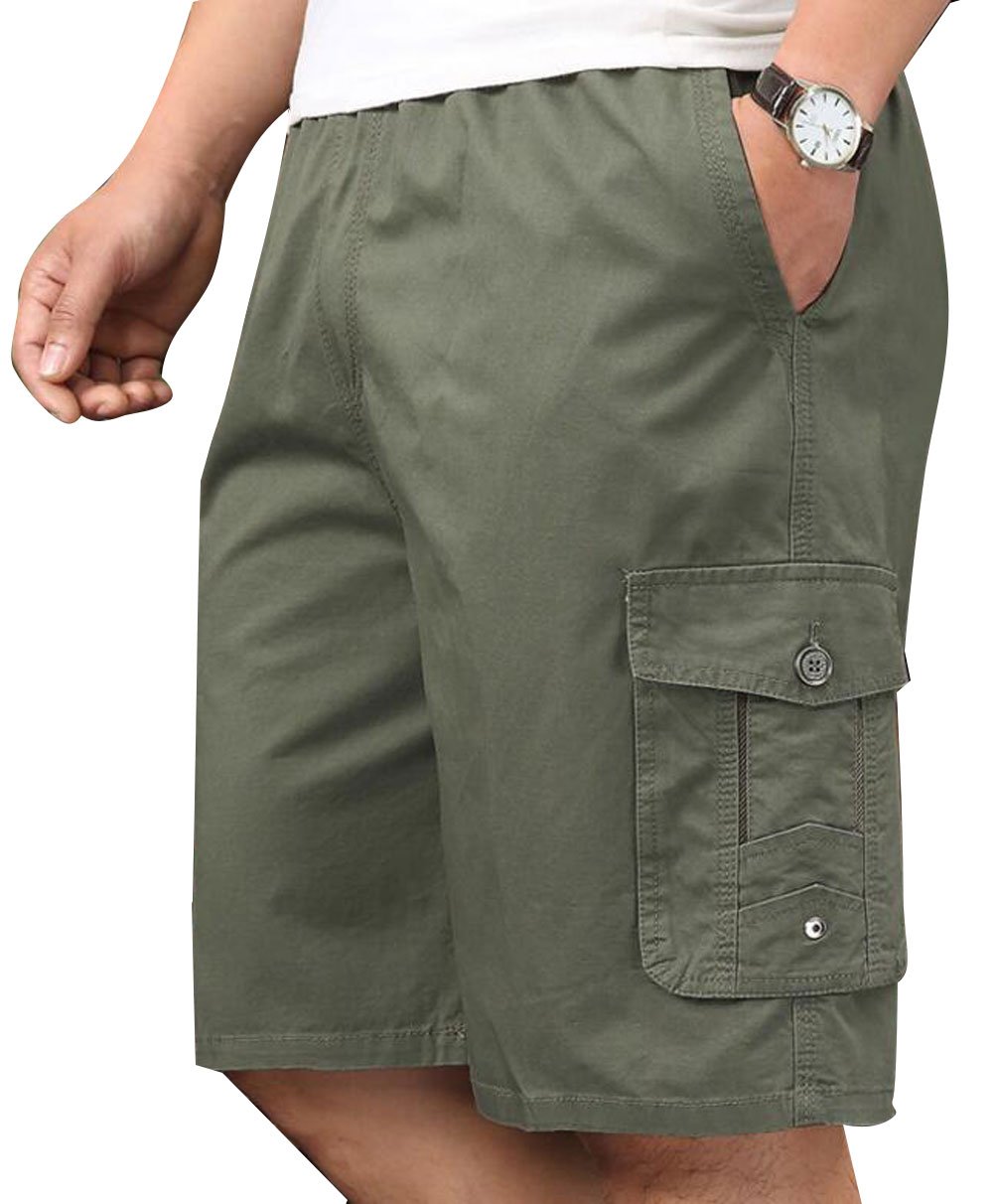 YangguTown Men's Cotton Lightweight Loose Fit Cargo Shorts Full Twill Elastic Waist Drawstring Shorts Khaki 36