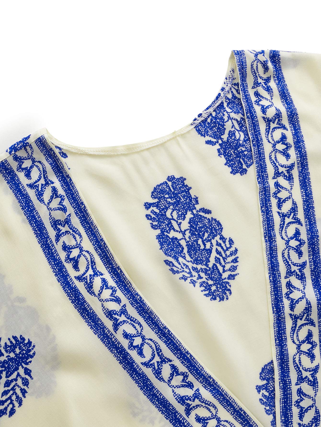 SweatyRocks Women Kimono Vintage Floral Beach Cover Up Blue White X-Large