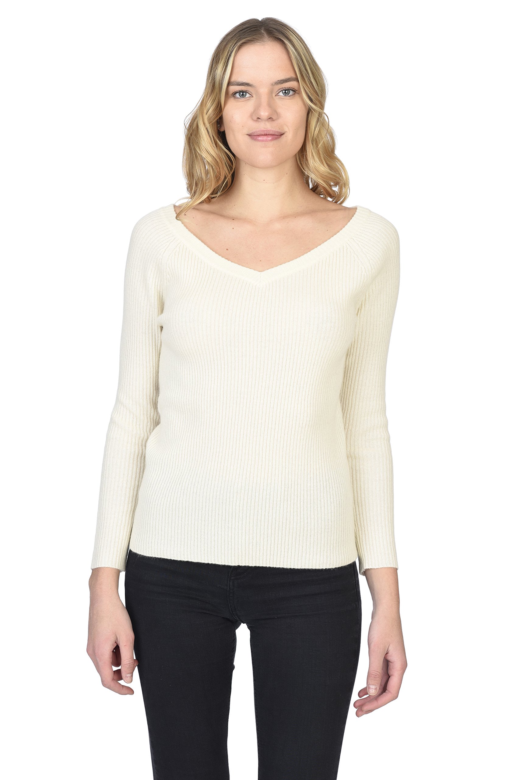 State Cashmere Women’s Easy V-Neck Ribbed Sweater 100% Pure Cashmere 3/4 Sleeve Pullover (Undyed White, Large)