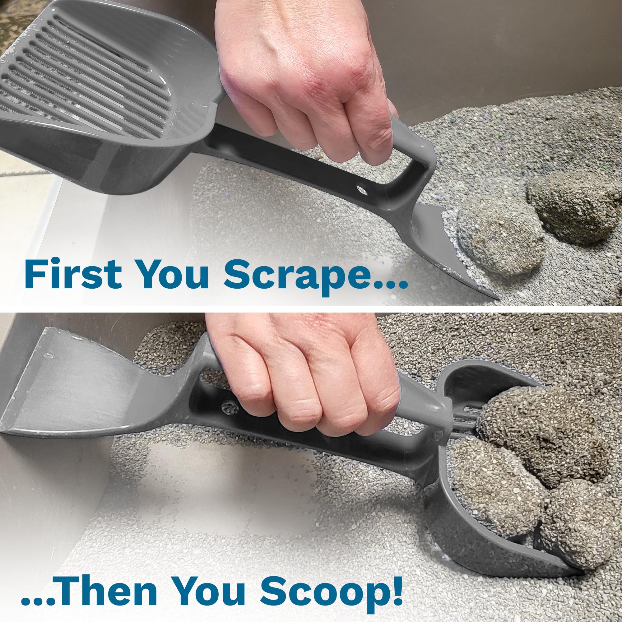 SCRAPE 'N' SCOOP Cat Litter Clump Remover with Sifter β Litter Box Scooper & Scraper 2 in 1 for Litter Tray, Potty, & Litter Pan - Animal Waste Cleaner Tool - Pet Accessories & Supplies - Grey