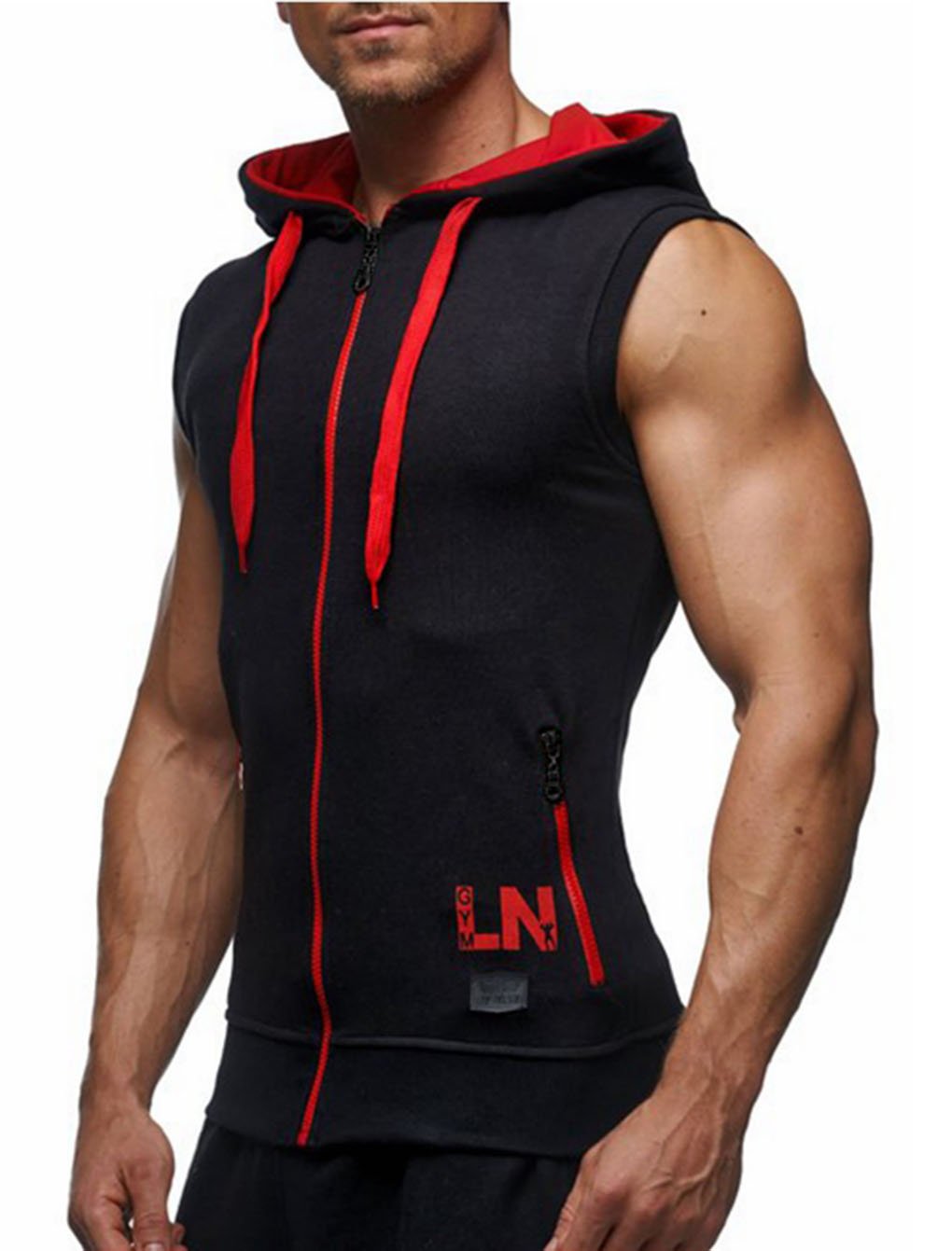 LemonGirl Men's Bodybuilding Sleeveless Hoodie Gym Tank Top BlackRed