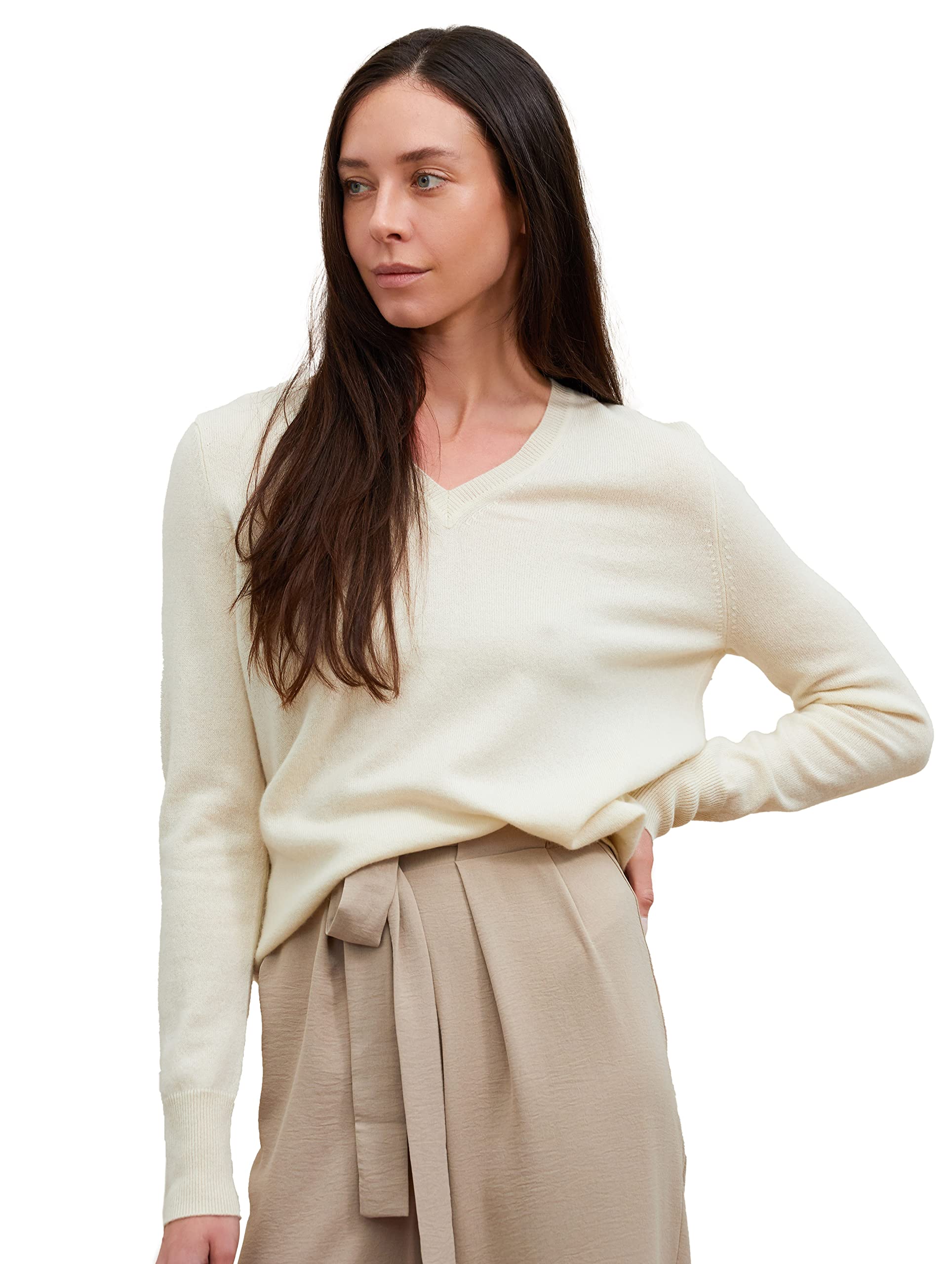 State Cashmere Women’s Essential V-Neck Sweater 100% Pure Cashmere Classic Long Sleeve Pullover (Undyed White, Large)