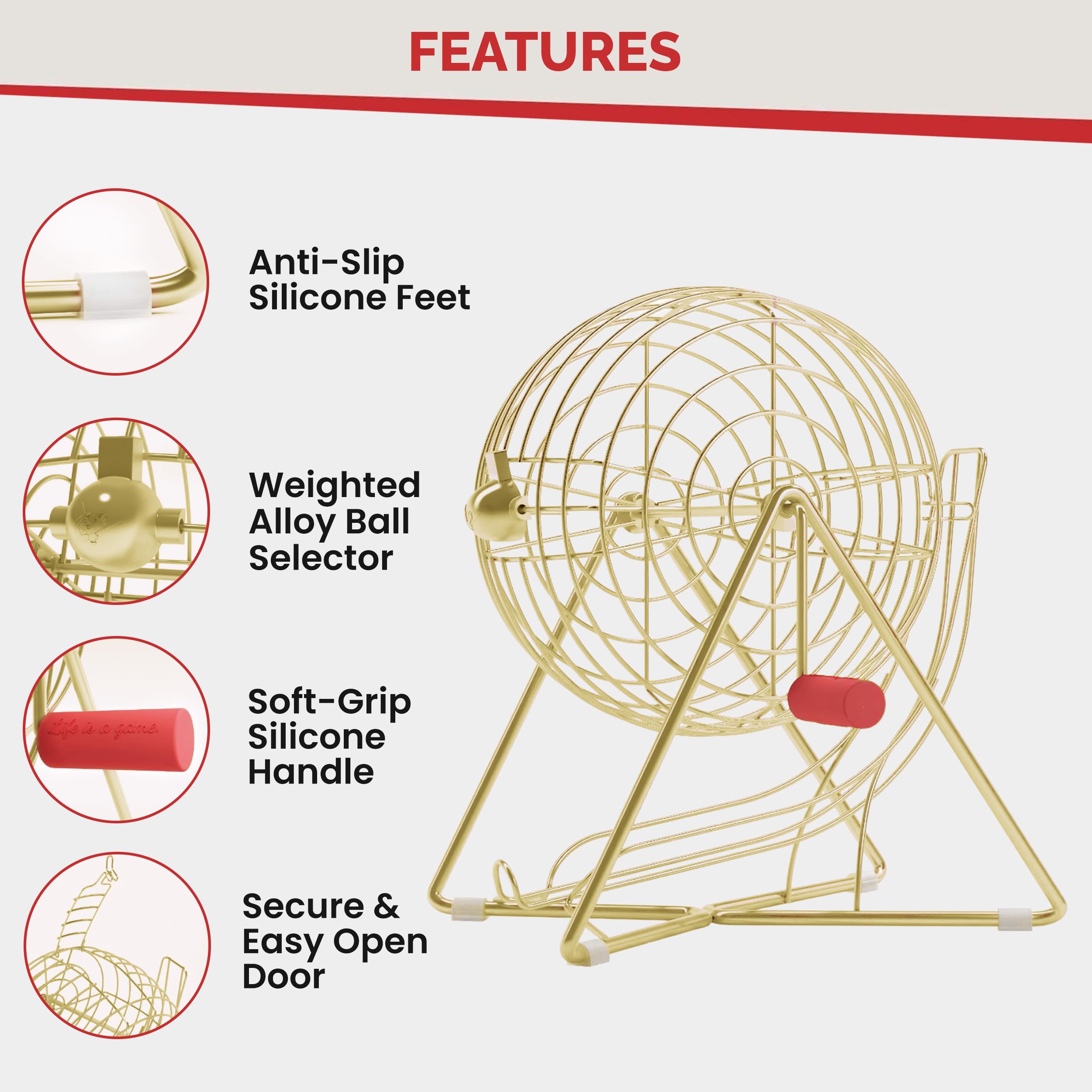 MR CHIPS 11" (Inch) Tall Professional Bingo Set with Steel Cage, Everlasting 7/8β Balls, Master Board for Balls - Luxury Gold Color