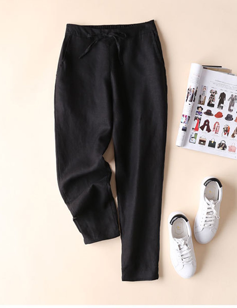 IXIMO Women's Tapered Pants 100% Linen Drawstring Back Elastic Waist Pants Trousers with Pockets Black L