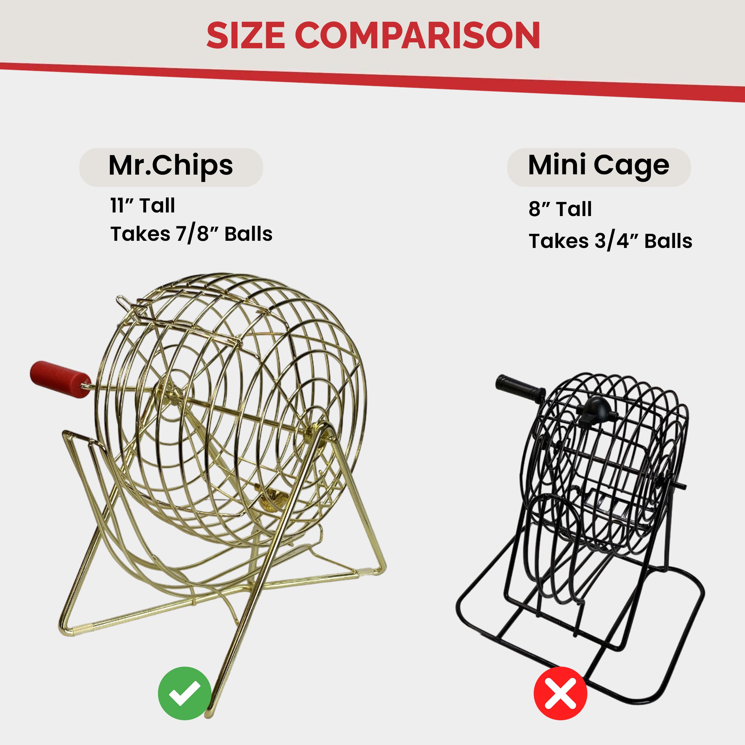 MR CHIPS 11" (Inch) Tall Professional Bingo Set with Steel Cage, Everlasting 7/8β Balls, Master Board for Balls - Luxury Gold Color